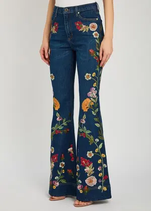 Alice + Olivia Floral-embroidered Flared-leg Jeans