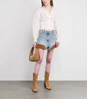 Sandro Suede-trim Denim Shorts - Blue