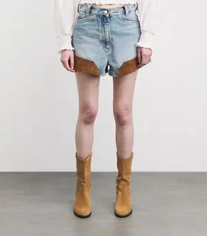 Sandro Suede-trim Denim Shorts - Blue