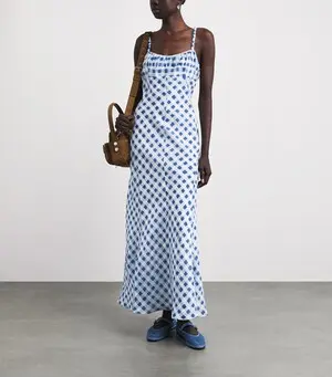 Sandro Linen-blend Gingham Maxi Dress - Blue