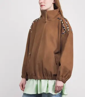Sandro Suede Studded Bomber Jacket - Beige