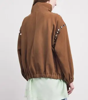Sandro Suede Studded Bomber Jacket - Beige