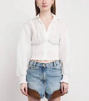 Sandro Linen-blend Smocked Shirt - Beige