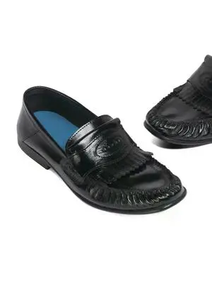 Marni Leather Embossed Logo Fringe Loafers - Black