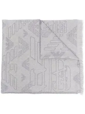 Emporio Armani Embroidered Frayed-edge Wool Scarf - Grey