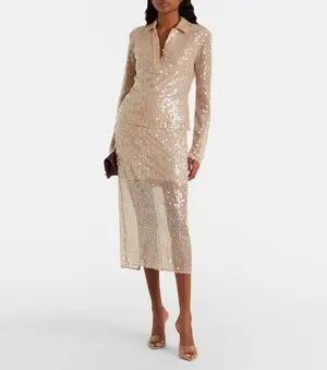 Veronica Beard Allora Sequined Midi Skirt - Beige