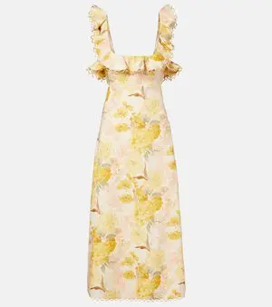 Zimmermann Como Floral Ruffled Linen Midi Dress - Yellow