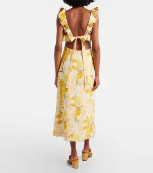 Zimmermann Como Floral Ruffled Linen Midi Dress
