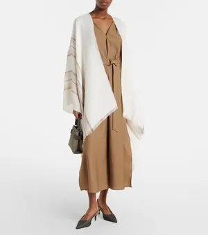 Brunello Cucinelli Striped Linen, Cashmere, And Silk Poncho - White