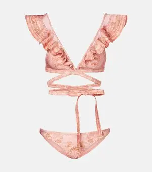 Zimmermann Como Printed Ruffled Bikini Pink