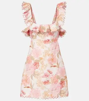 Zimmermann Como Floral Ruffled Linen Minidress - Pink