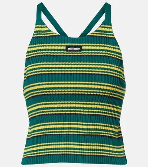 Miu Miu Ribbed-knit Striped Cotton-blend Top - Green