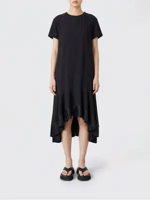 Sacai Cotton Midi Dress With Pleated Hem - Black