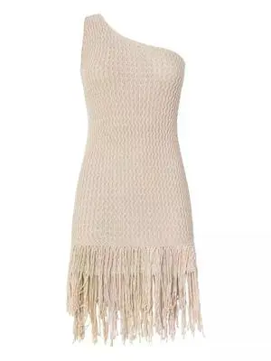 Pinko One-shoulder Fringed-hem Mini Dress - Neutrals