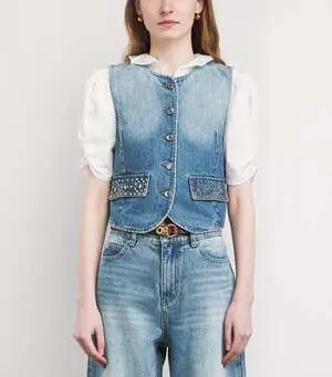 Sandro Embellished Denim Waistcoat - Blue