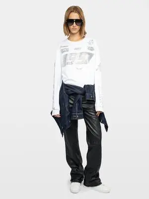 Zadig&Voltaire 100% Cotton Rhinestone Embellished Long Sleeve T-shirt