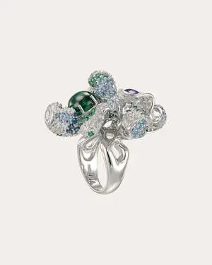 ANABELA CHAN Emerald & Sapphire Blossom Ring - Silver