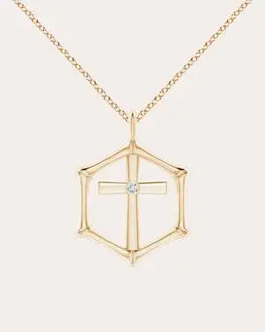 Natori Diamond And 14k Yellow Bamboo Cross Hexagon Pendant Necklace