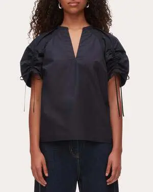 3.1 Phillip Lim Cotton Poplin Ruched Puff-sleeve Top - Black