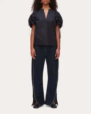 3.1 Phillip Lim Cotton Poplin Ruched Puff-sleeve Top - Black
