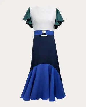 EDELINE LEE Dada Jacquard Belted Ruffle-hem Midi Dress