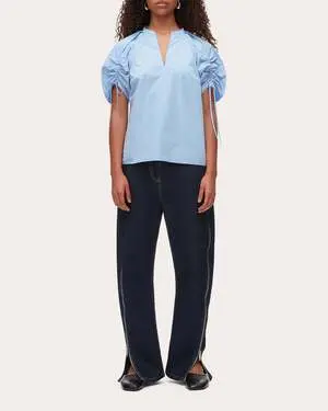 3.1 Phillip Lim Cotton Poplin Ruched Puff-sleeve Top - Blue