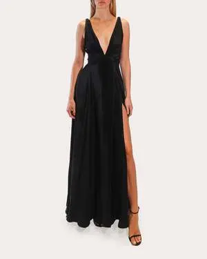 Azeeza Cirrus Silk Charmeuse Belted Gown - Black