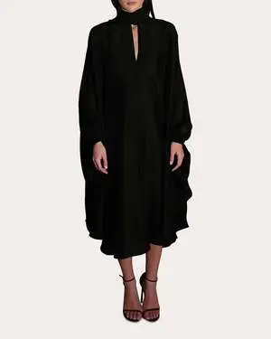 Azeeza Emlyn Silk Tie-neck Cape Midi Dress - Black