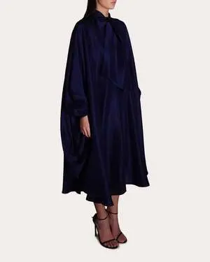 Azeeza Emlyn Silk Tie-neck Cape Midi Dress - Navy