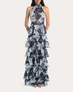 Francisco Arce Kei Embroidered Floral Lace Tiered Gown