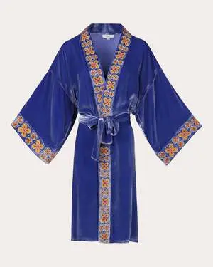 KARMA ON THE ROCKS Nikko Embroidered Velvet Short Kimono - Blue