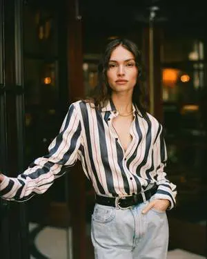 WITH NOTHING UNDERNEATH The Boyfriend Stripe Tencel Button-up Top