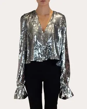 Azeeza Thistle Ruffle Sequin Top - Silver