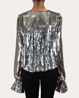 Azeeza Thistle Ruffle Sequin Top - Silver