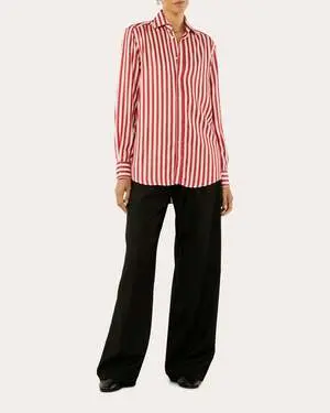 WITH NOTHING UNDERNEATH Boyfriend Stripe Tencel Shirt - Maple Red