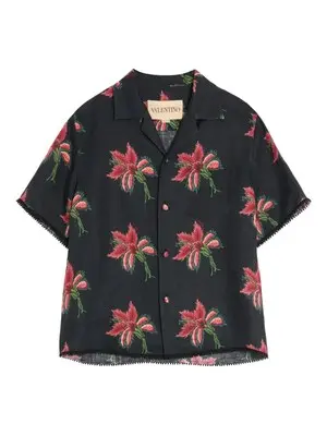 Valentino Garavani Linen Bowling Shirt With Paper Floral Pri - Black
