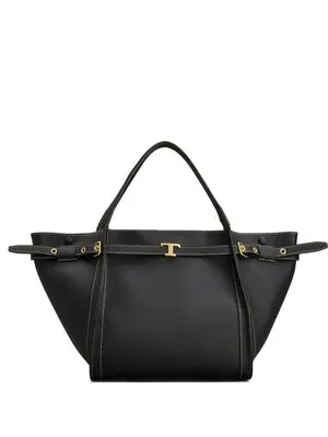 TOD`S Small Leather Shopper With T Timeless Strap - Black