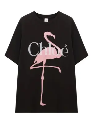 Chloé Wide T-shirt With Flamingo Print In Cotton Jersey - Black