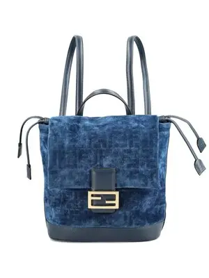 Fendi Ff Flocked Denim Backpack With Leather Details - Blue