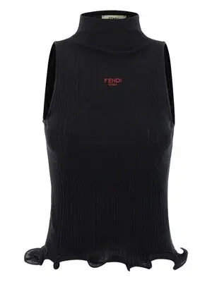 Fendi Fitted Wool Top With High Neck - Black