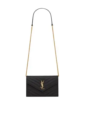 Saint Laurent Cassandre Chain Envelope Clutch In Grain De Poudre Leather - Black