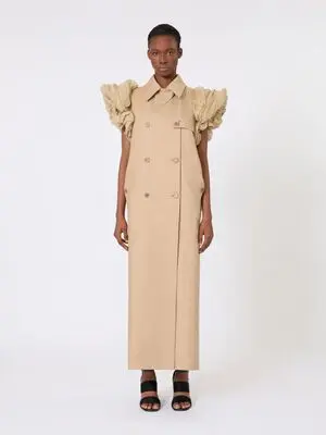 Max Mara Sleeveless Linen Duster Coat With Ruffles - Camel