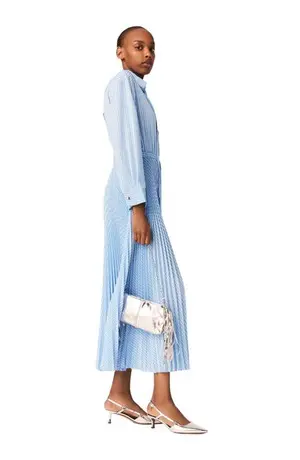 Maje Striped Pleated Maxi Shirt Dress With Eyelets - Blue Sky