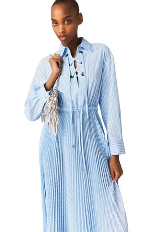 Maje Striped Pleated Maxi Shirt Dress With Eyelets - Blue Sky