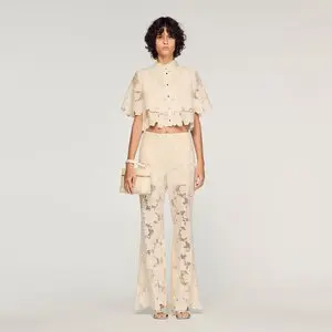 Sandro Cropped Floral Guipure Shirt - Ecru
