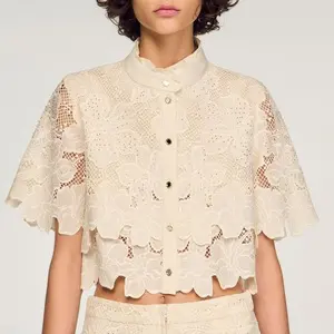 Sandro Cropped Floral Guipure Shirt - Ecru