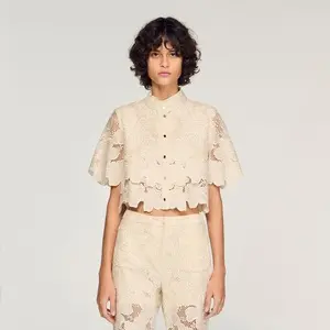 Sandro Cropped Floral Guipure Shirt - Ecru