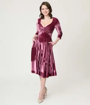 Unique Vintage 1950s Front Twist Swing Dress - Mauve Pink