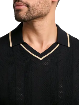 PAUL FREDRICK Cotton Crochet V-neck Polo - Black