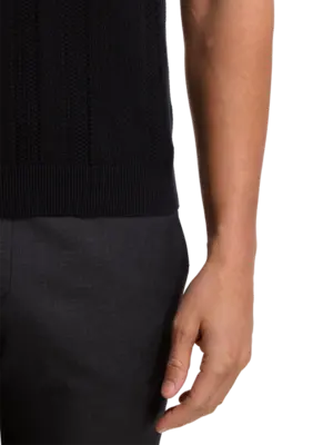 PAUL FREDRICK Cotton Crochet V-neck Polo - Black
